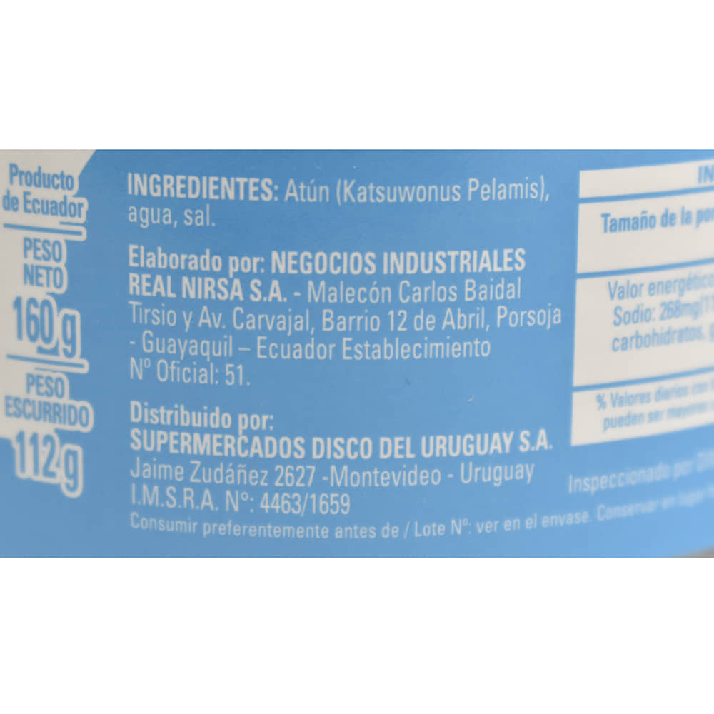 Atún lomito al natural PRECIO LÍDER 160 g - disco
